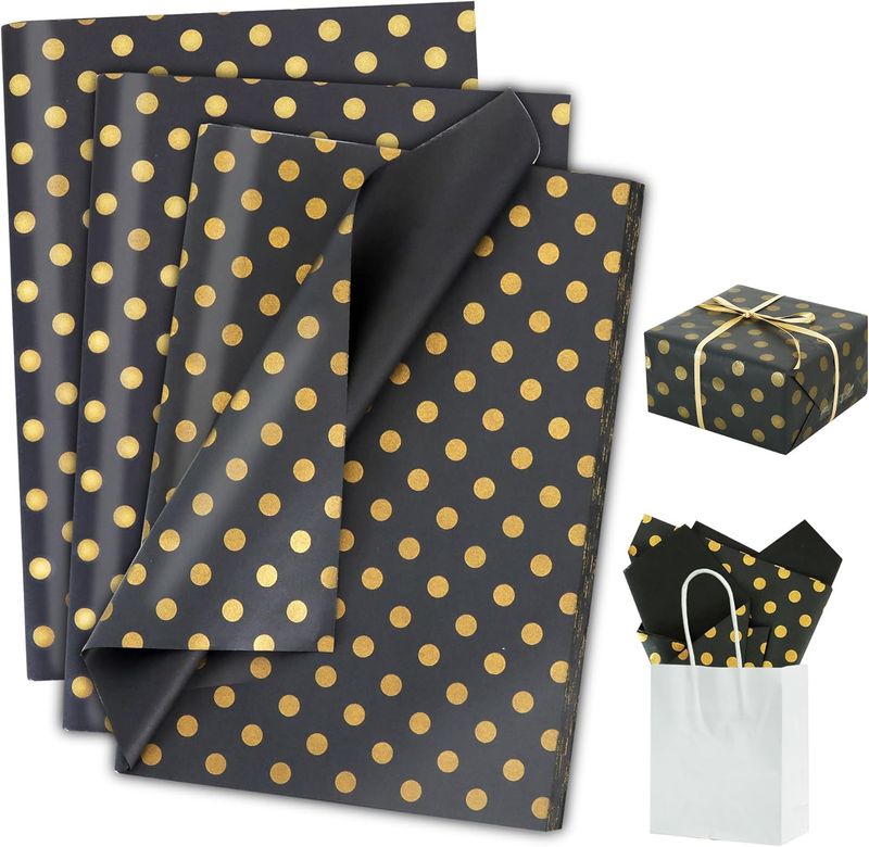 BEISHIDA 100 Sheets Black and Gold Polka Dot Tissue Paper