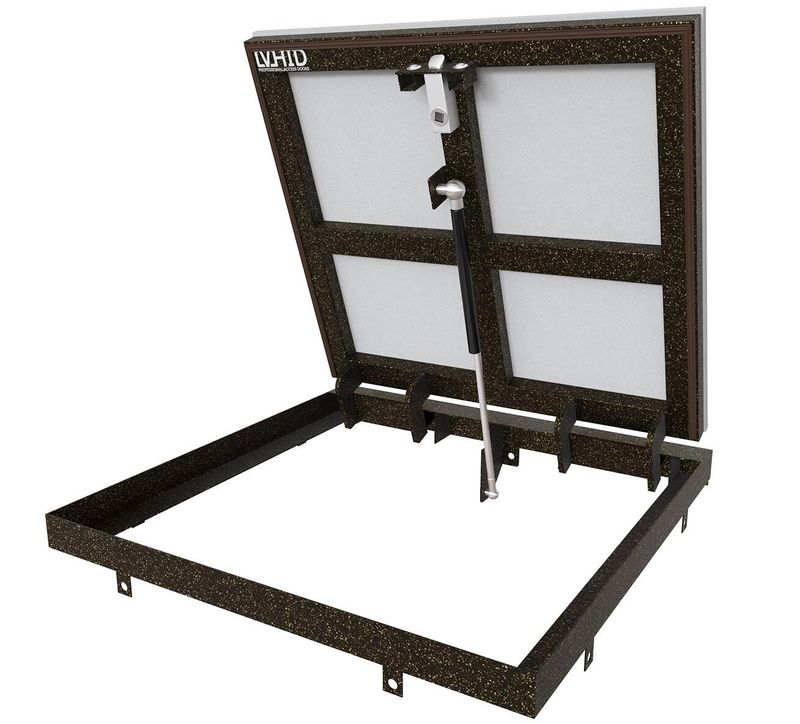 Tiled floor hatch with an axle hinge that opens with the help of gas ...