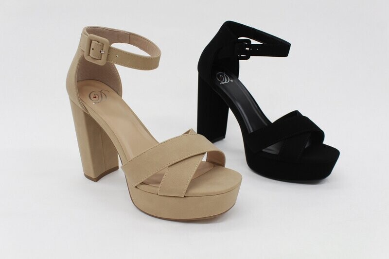 Delicious Sandrea; Open Toe Platform Chunk Heels with Ankle Strap.