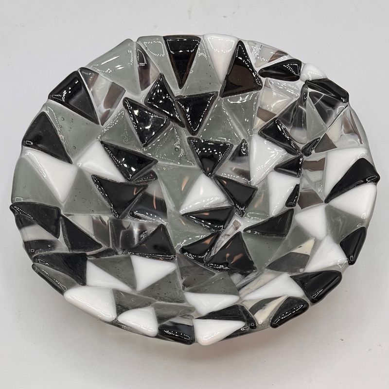 Duane Sparks, Fused Glass Bowl, Black, White and Gray Triangles