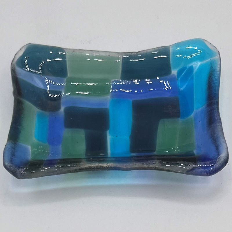 Steve Gall, Fused Glass Soap Dish, Multi-shade Blue and Green Stripes