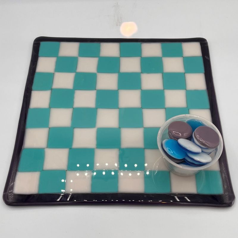 Courtney Malone, Fused Glass Checkers Board, Turquoise, Black and White ...