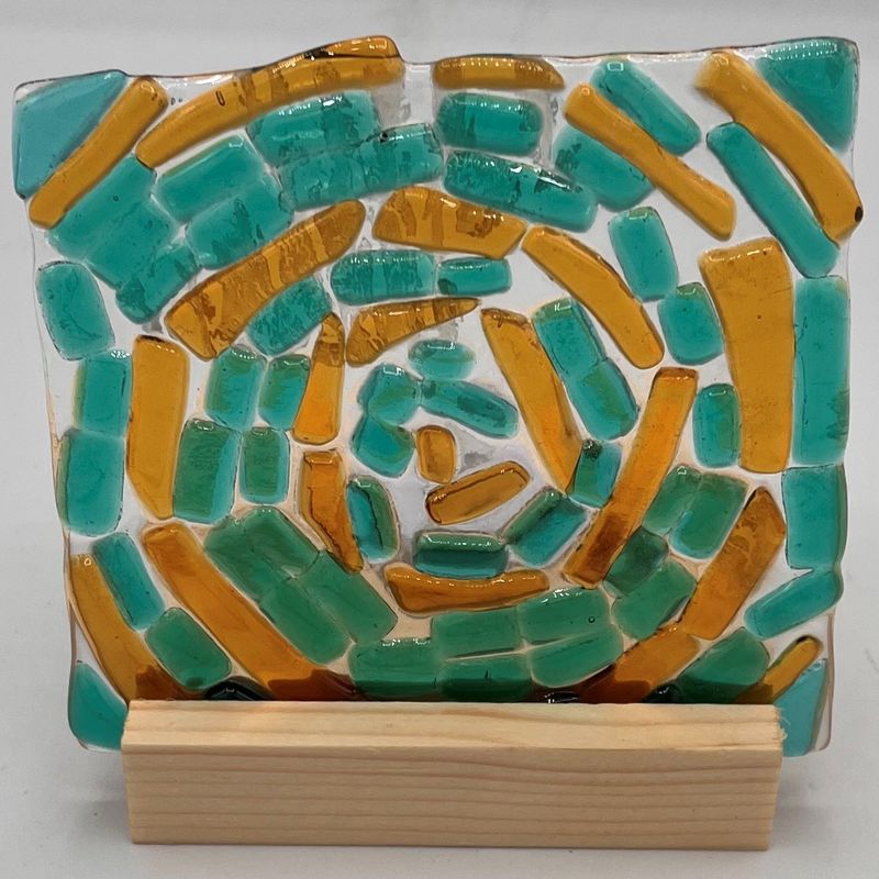 Meredith Bokeno, Fused Glass Stand Piece, Blue and Yellow Swirl