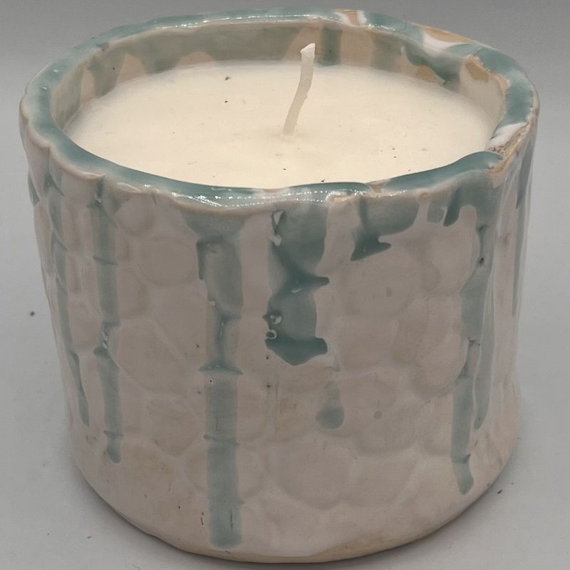 Mark Hodge, Ceramic Candle, Blue Drips on White Cobblestone