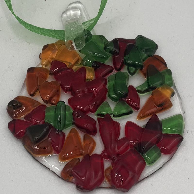 Duane Sparks, Fused Glass Ornament, Red, Yellow and Green Chunks