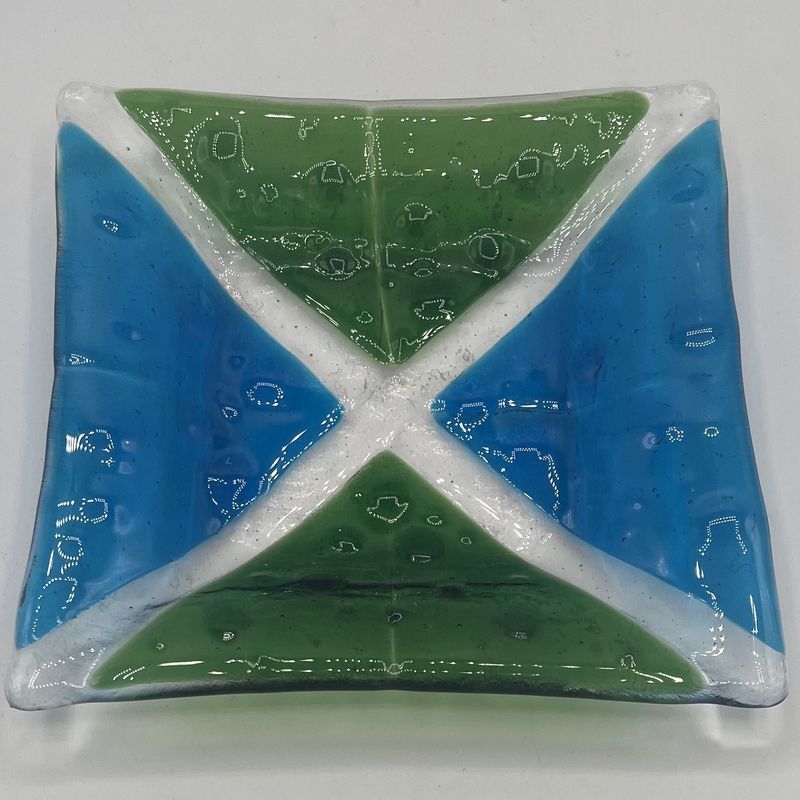 Joey Buschelman, Fused Glass Dish, Green and Blue Triangles