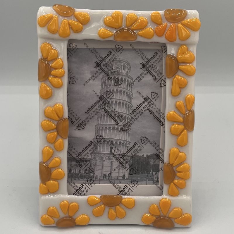 Annie Baxter, Fused Glass Frame, Yellow Flowers on White Background