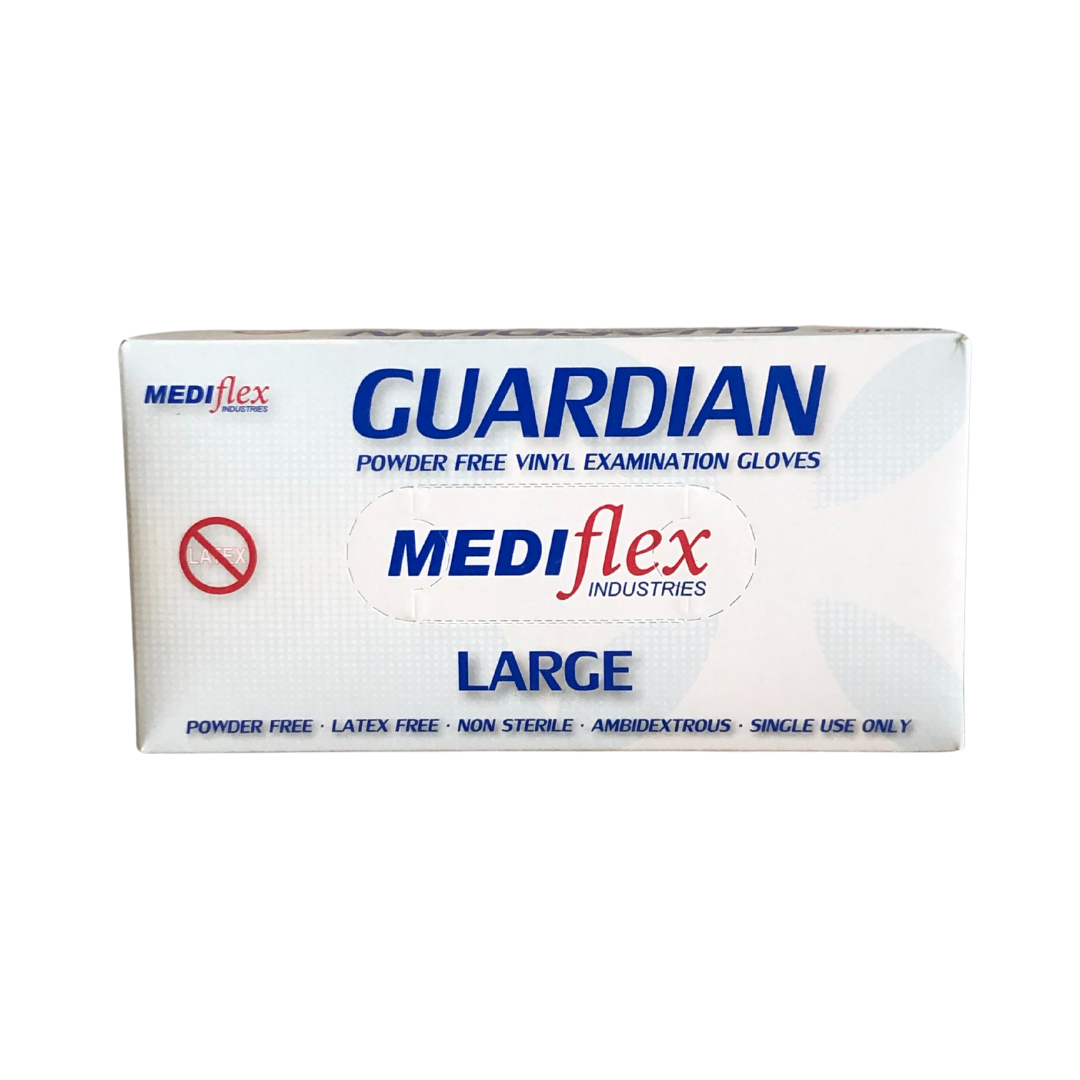 Mediflex (Guardian) Vinyl Gloves PF Large 1 Box of 100 Gloves Clear