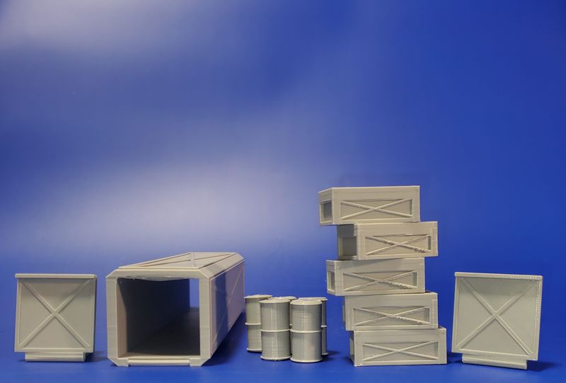 Shipping Container Open Door X-1, Oil Drum Barrels, Boxes