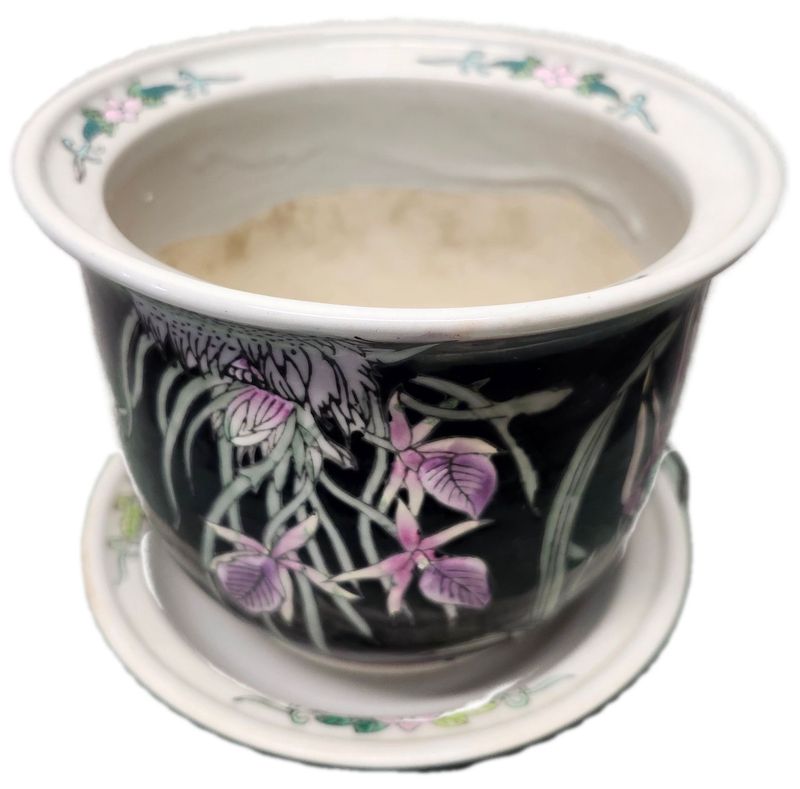 CERAMIC POT W/SAUCER 6" - BLACK CHINESE