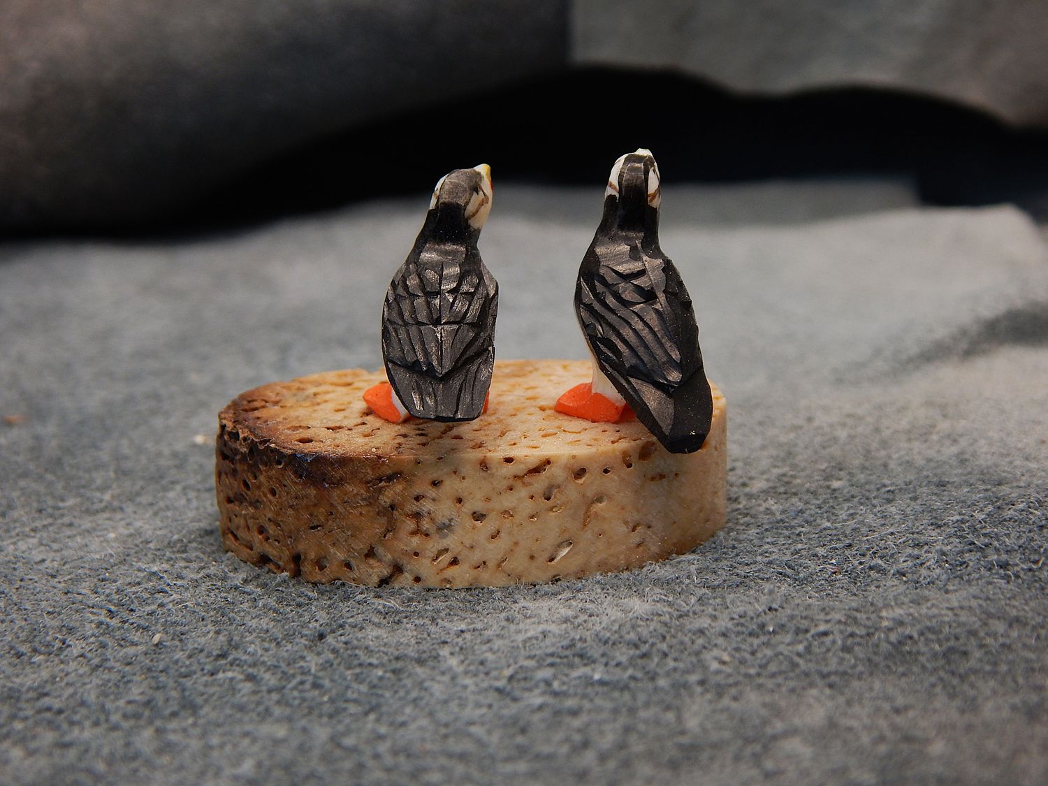 Puffin Pair on Fossil Walrus Jawbone
