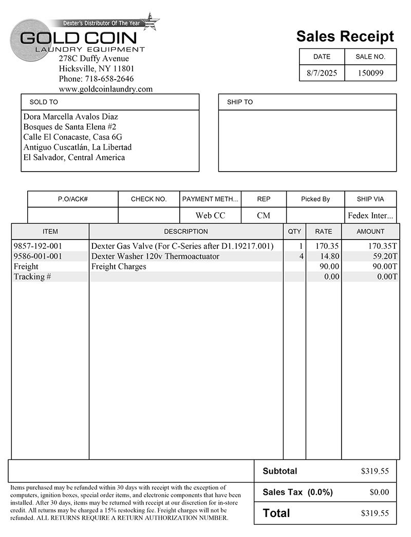 Sales Receipt 150099 - Online Store - Gold Coin Laundry Equipment