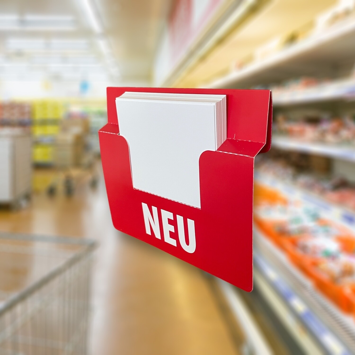 Dispenser am Regal für Karten, Flyer und Coupons