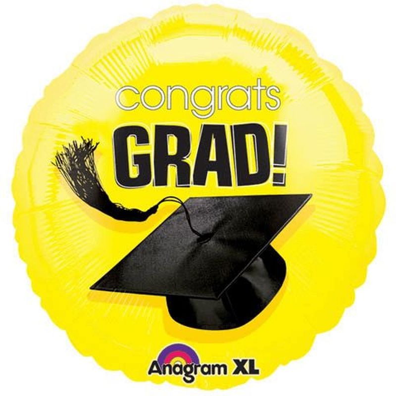 Congrats Grad - 18" Helium Filled Foil Balloon, Ribbon - Yellow