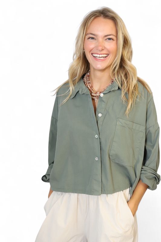 Poppy Crop Button Down- Washed Green
