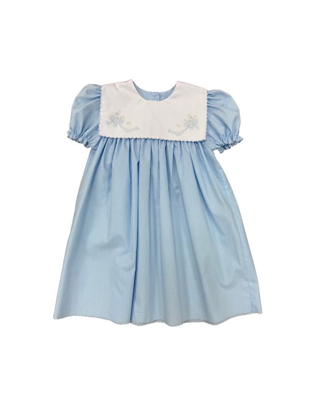 Blue Dress w White Square Collar and Robbin Flowers