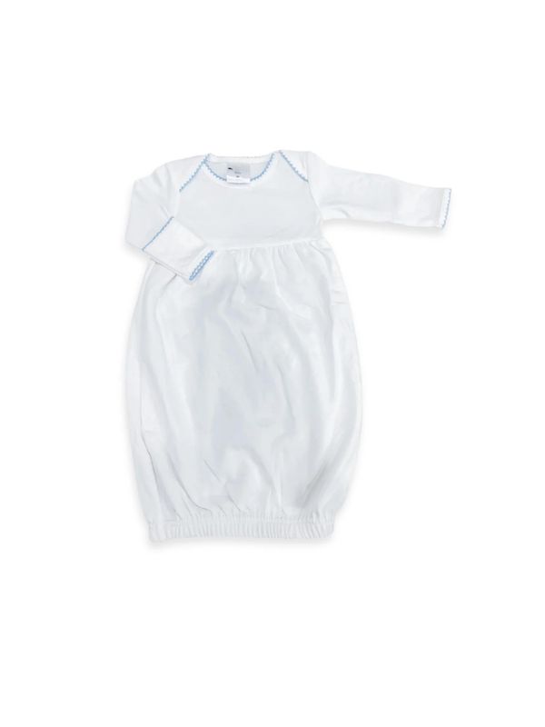 White Yoke Front LS Day Gown, Blue Picot Trim