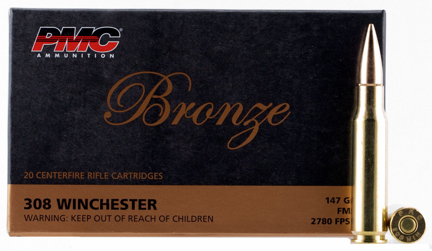 PMC 308B Bronze 308Win 147gr Full Metal Jacket Boat Tail 20 Per Box/25 Case