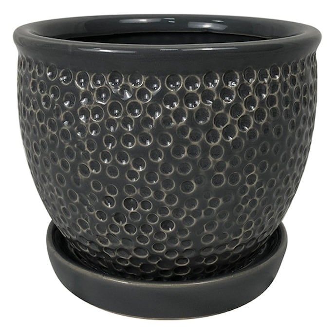 Pot Pebble Planter w/att Saucer Lrg 10x9 Grey