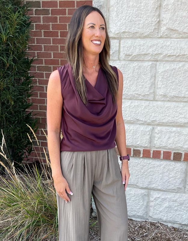 Dark Maroon Satin Cowl Neck Top