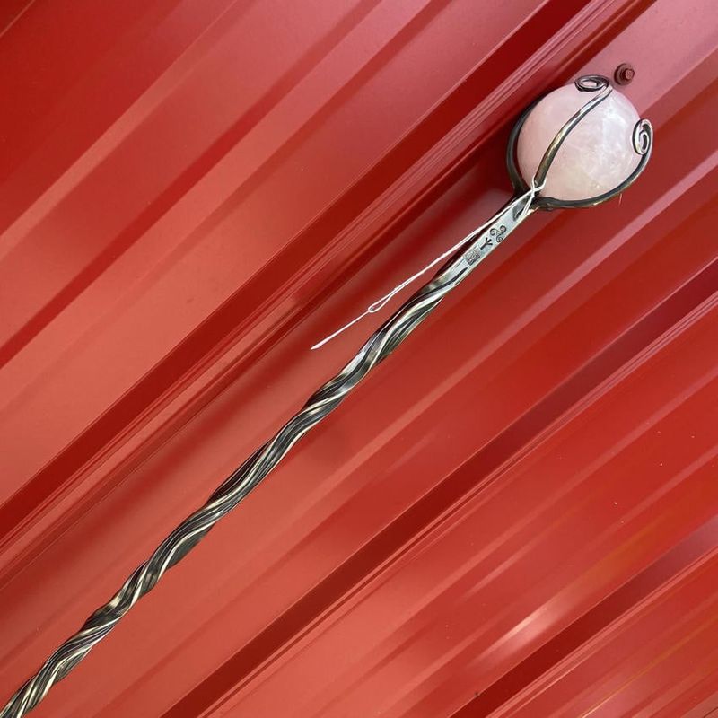 Luna Ignis Hand Forged Iron Witches Staff With Rose Quartz And vine twist