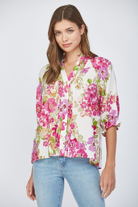 Floral Print Pintuck Detail Split Neck Blouse