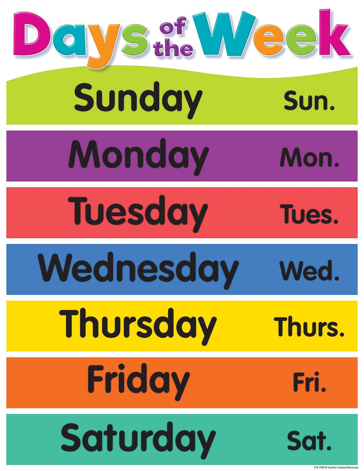 Colorful Days of the Week Chart - Store - Tools 4 Teaching