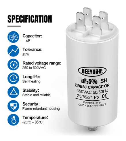 50uF CAPACITOR MOTOR CBB60 WITH M8 SCREW END 450VAC