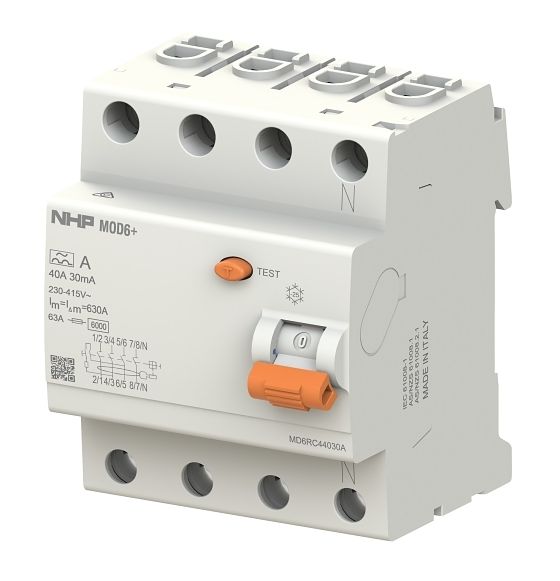 NHP MOD6+ RCCB 3 Pole and Switched N 40A 30mA Type A MD6RC44030A