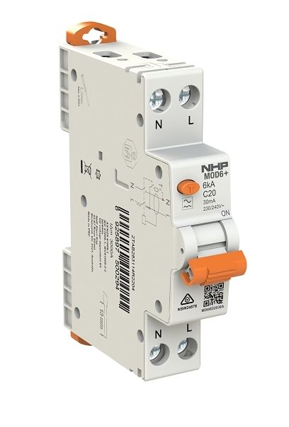 NHP MOD6+ RCBO 6kA 1 Pole and Switched N 20A C Curve 30mA Type A MD6RD2030A
