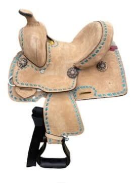 8" Pony Saddle - Natural w/teal buck stitch