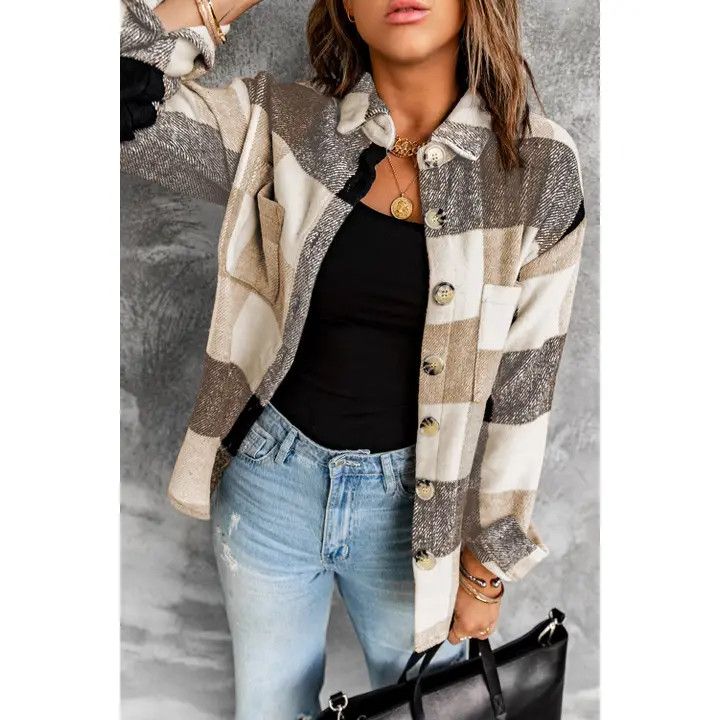 PRETTY BASH COLORBLOCK PLAID LONG SLEEVE JACKET