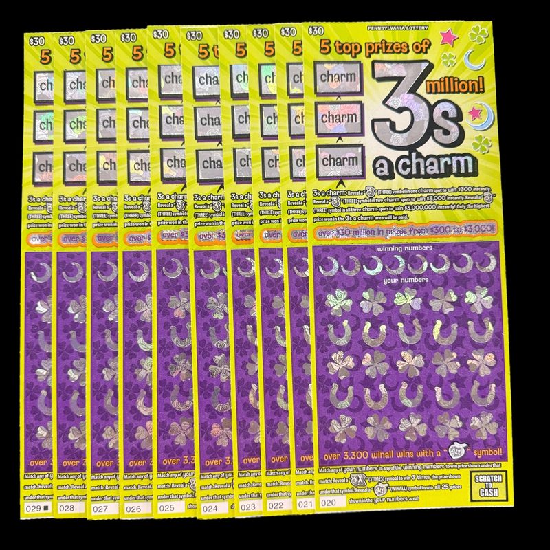 09.08.25 $300 in 3s a Charm PA Lottery Tickets 020-029