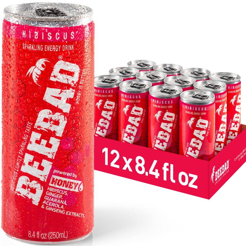 BEEBAD Natural Hibiscus Sparkling Energy Drink Powered by Ho