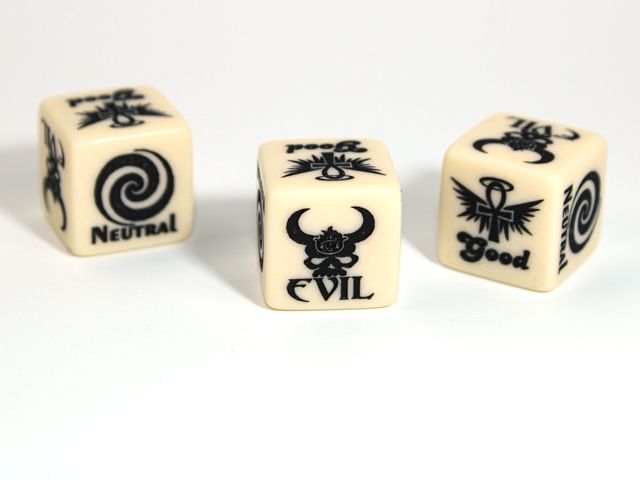 CUSTOM D6 16mm D&D ALIGNMENT GOOD/NEUTRAL/EVIL, IVORY with BLACK