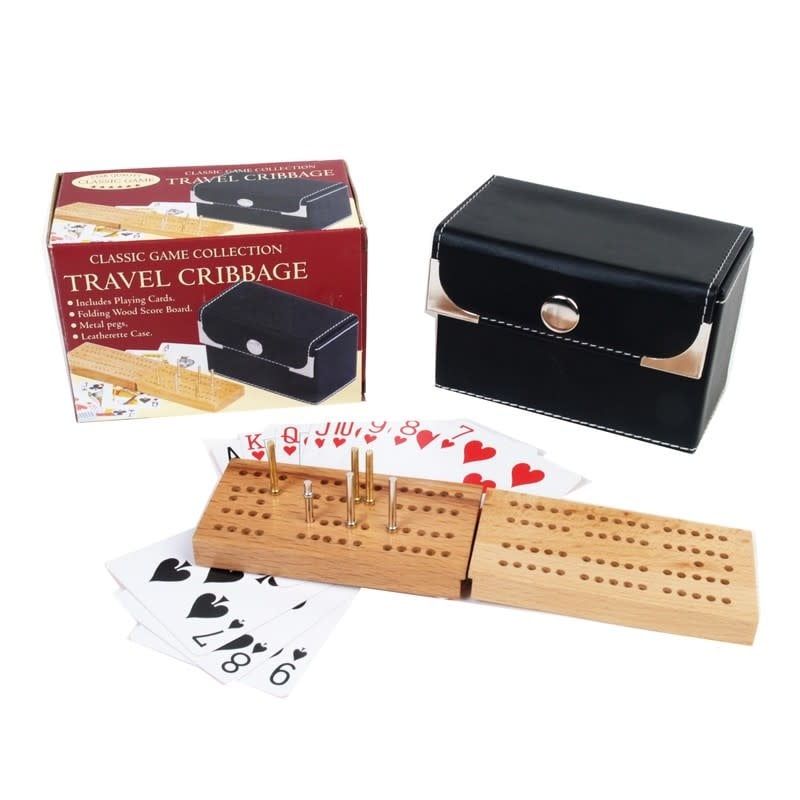 TRAVEL CRIBBAGE SET WITH FOLDING BOARD, PEGS, & PLAYING CARDS IN CASE