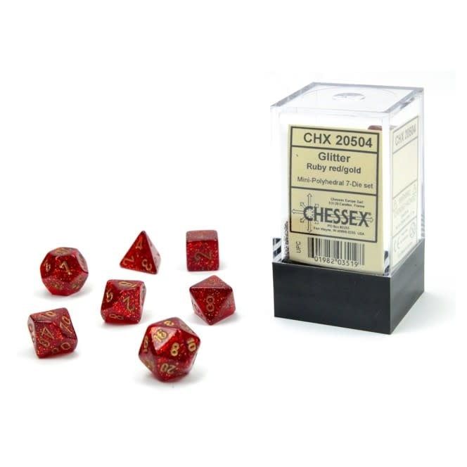 DICE SET 7 MINI GLITTER RUBY RED w/GOLD