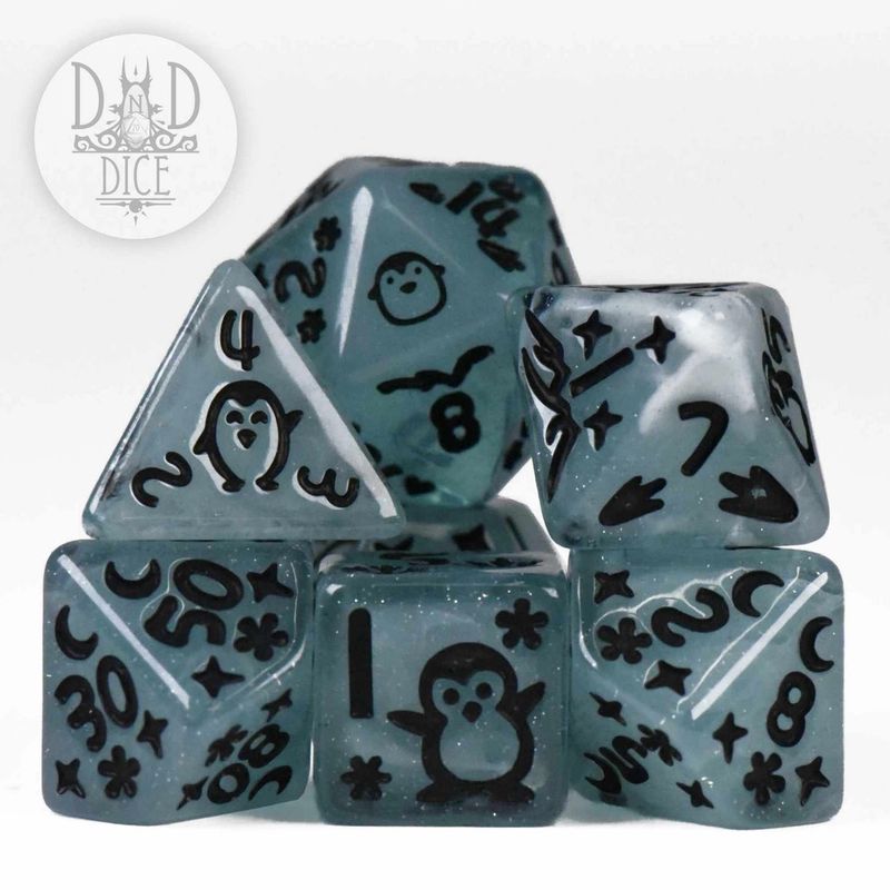 dnd DICE SET 7 PENGUIN PALS Cloudy Aqua w/ Glitter & Black