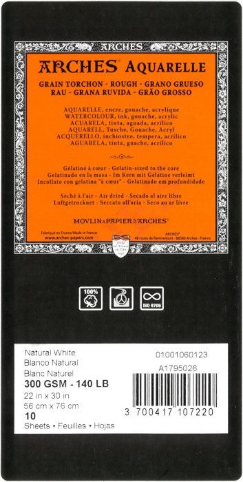 Papier aquarelle blanc naturel 100% coton torchon 140lb 22"x30" Arches