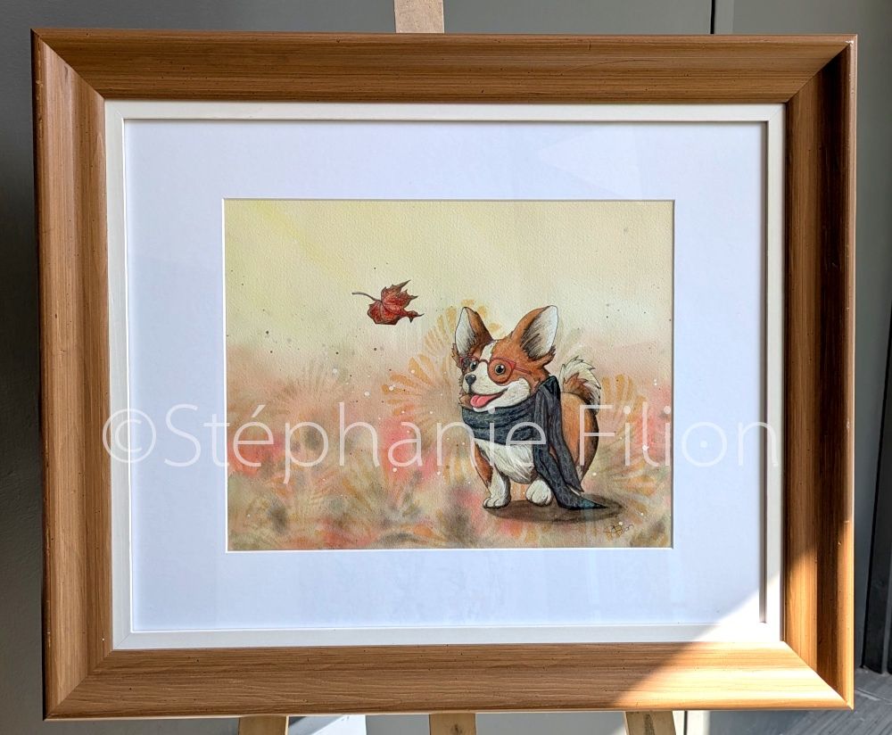 Aquarelle avec cadre "L'automne d'archibald" par Stéphanie Filion