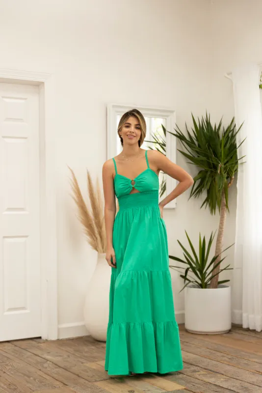 Women's Long Keyhole Dress - Emerald Green