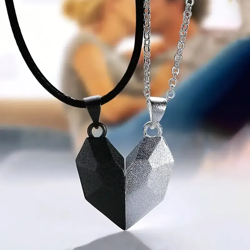 2pcs Set: Magnetic Love Heart Couple Necklaces with Wish Stone Pendants