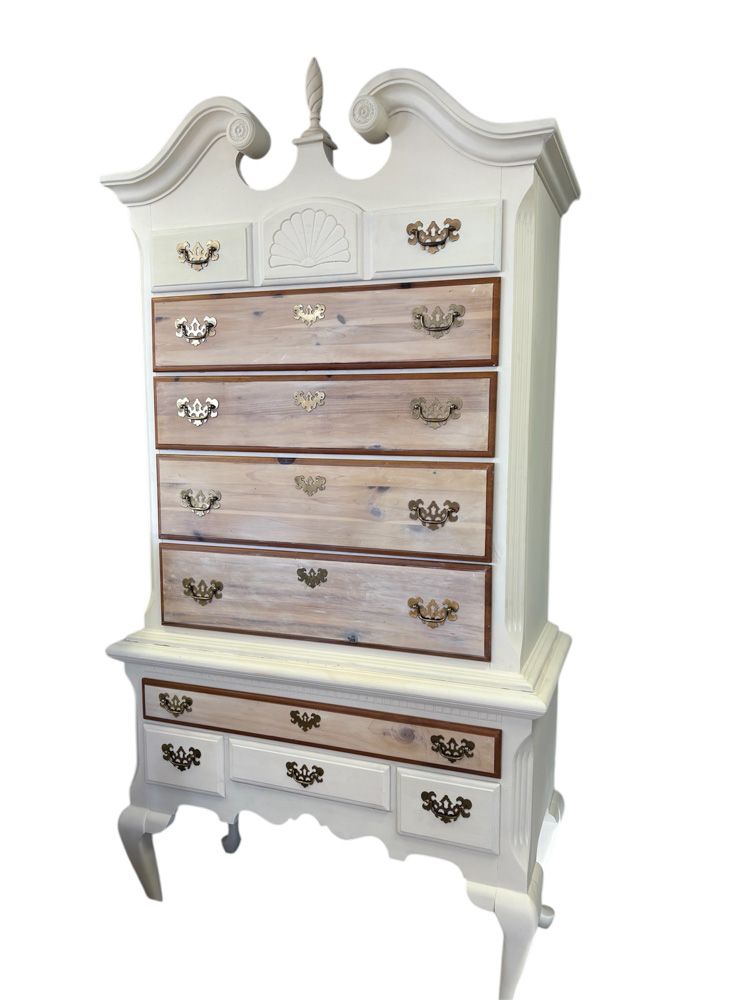 White Highboy Dresser with Natural Wood Drawers - Store - Just Flip Out