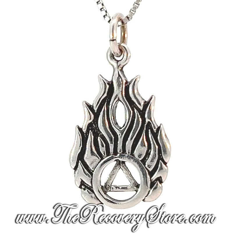 Sterling Silver Pendant, Alcoholics Anonymous AA Symbol in Flames