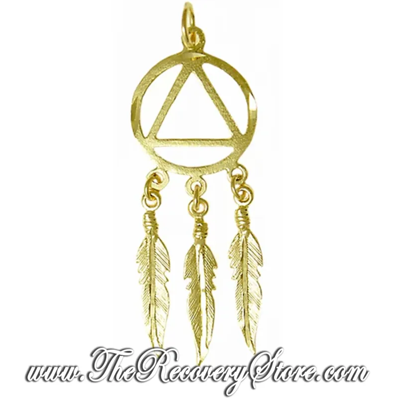 14k Gold AA Symbol in Diamond Cut Circle with 3 Feathers Pendant