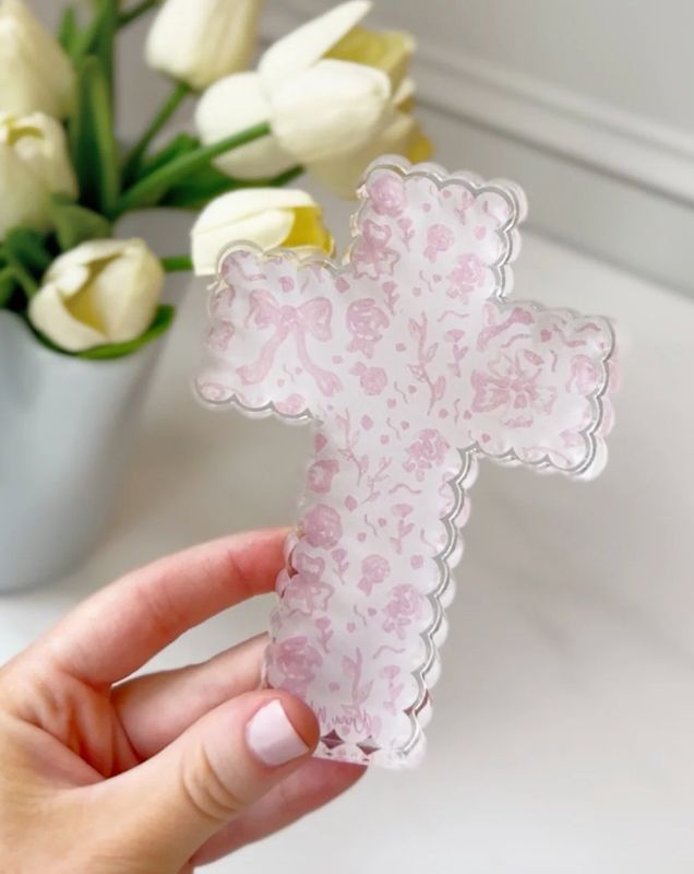 Scalloped Acrylic Cross Blocks - Pink Chinoiserie