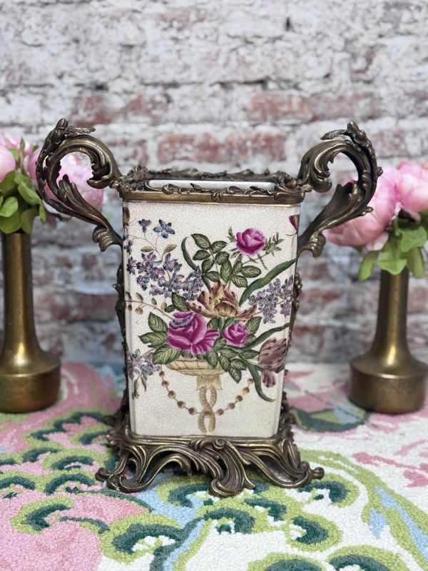 Rectangular Floral Vase with Ornate Scroll Handles