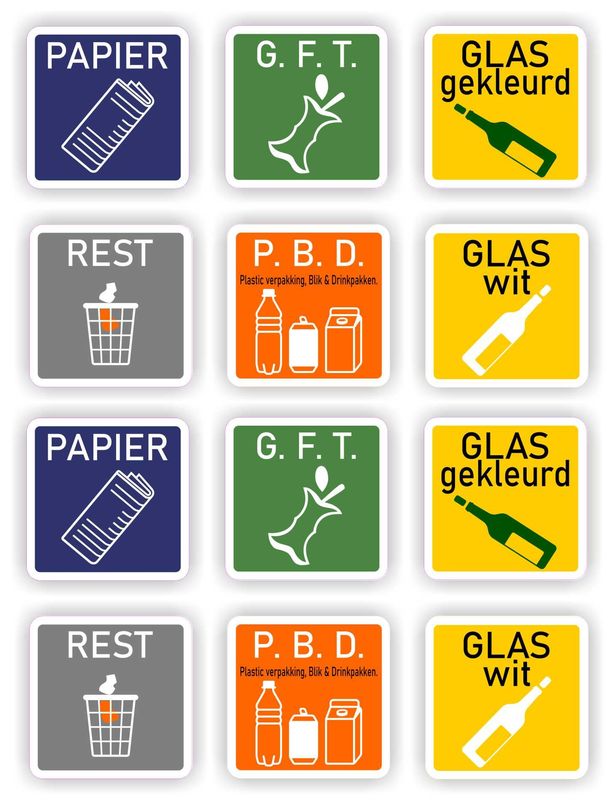 Papier, Rest, GFT, PBD, Glas Afvalbak sticker set 12 st.