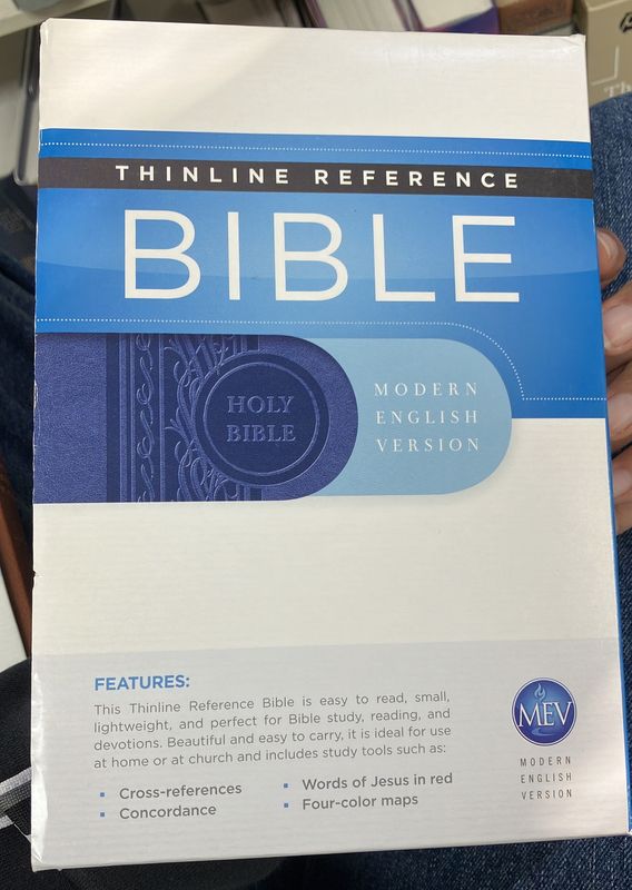 MEV Thinline Ref Bible Blue Leatherlike.