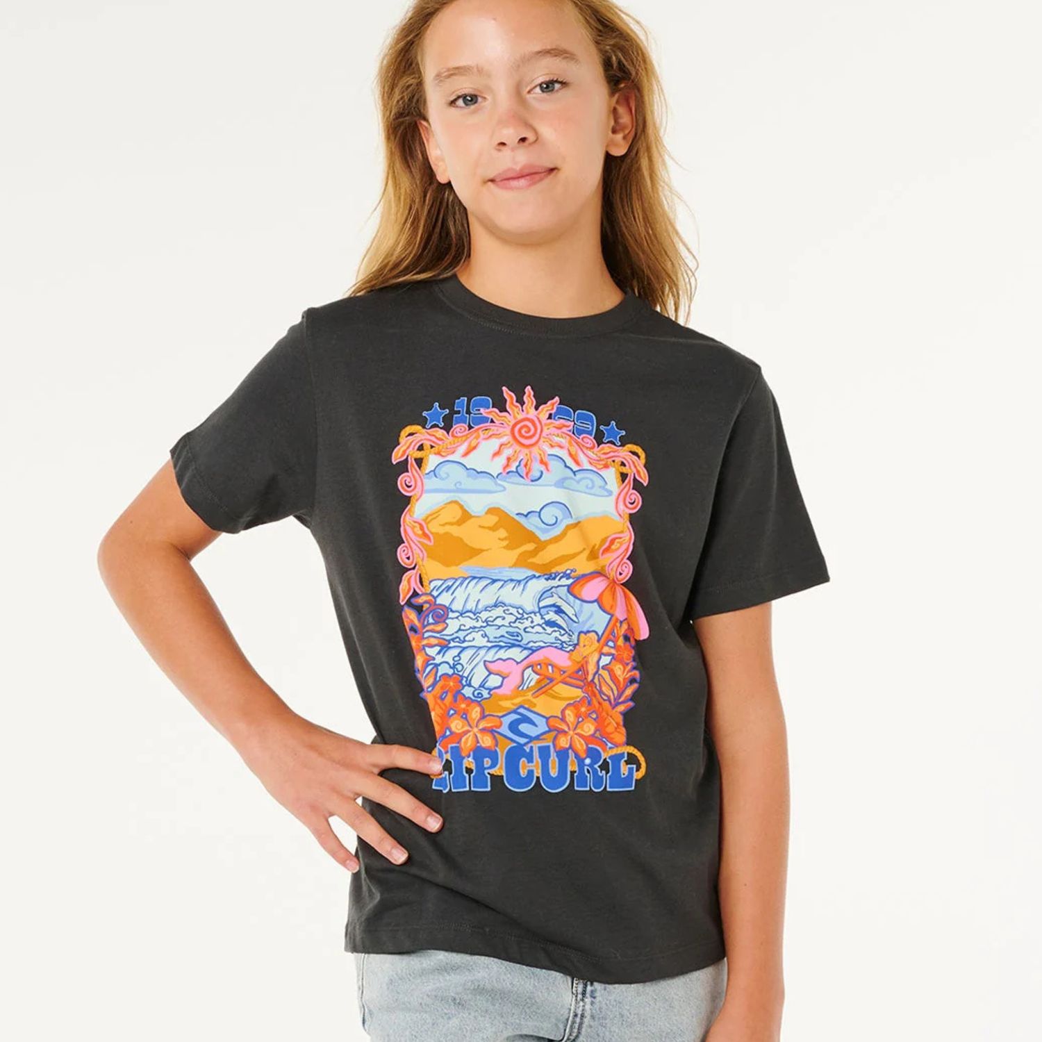 RIPCURL GIRLS SUNSHINE SQUAD BAND TEE- WASHED BLACK
